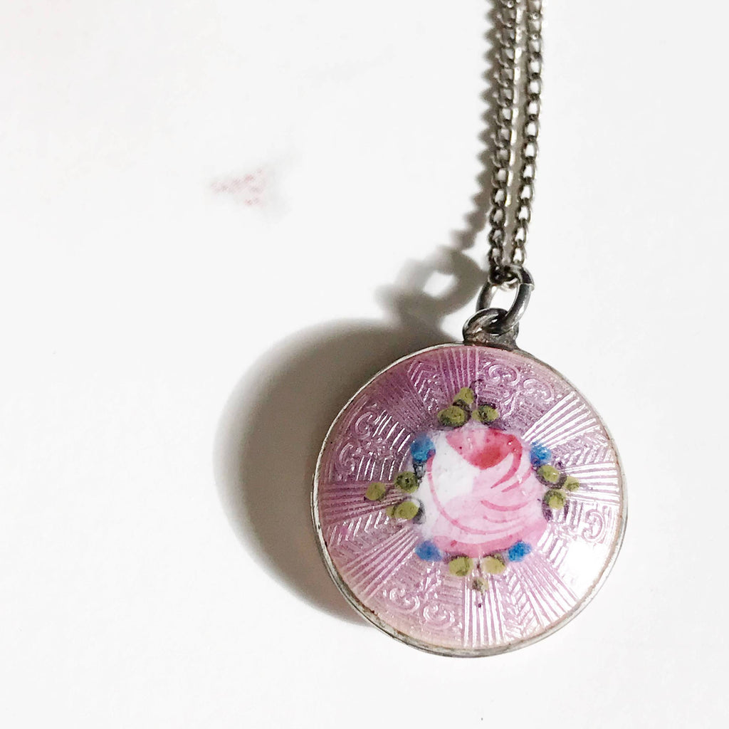 Guilloche Pink Enamel Rose Charm Necklace Stacey Fay Designs