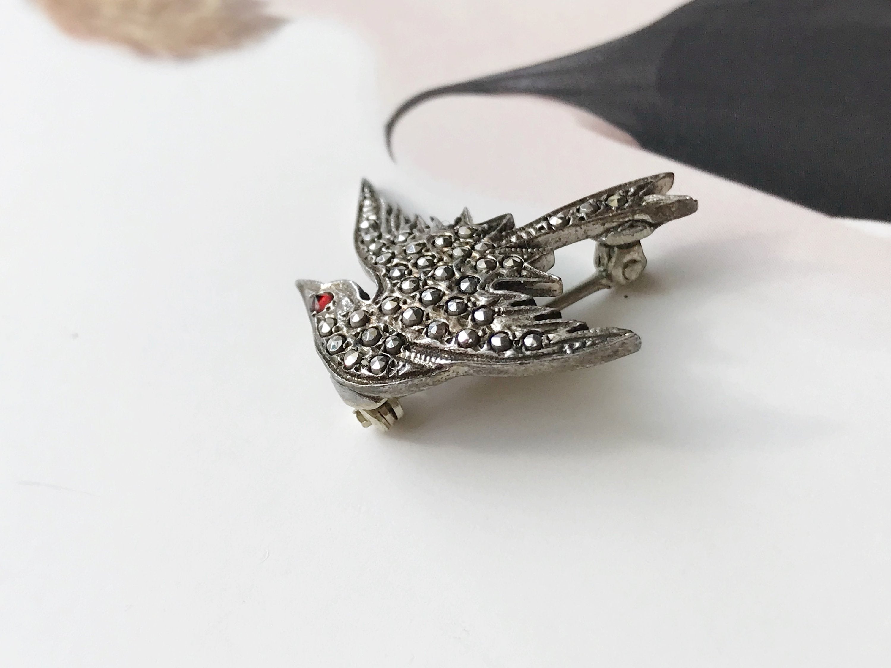 Flying Swallow Bird Pin with Marcasite and Red Eye – Stacey Fay Designs