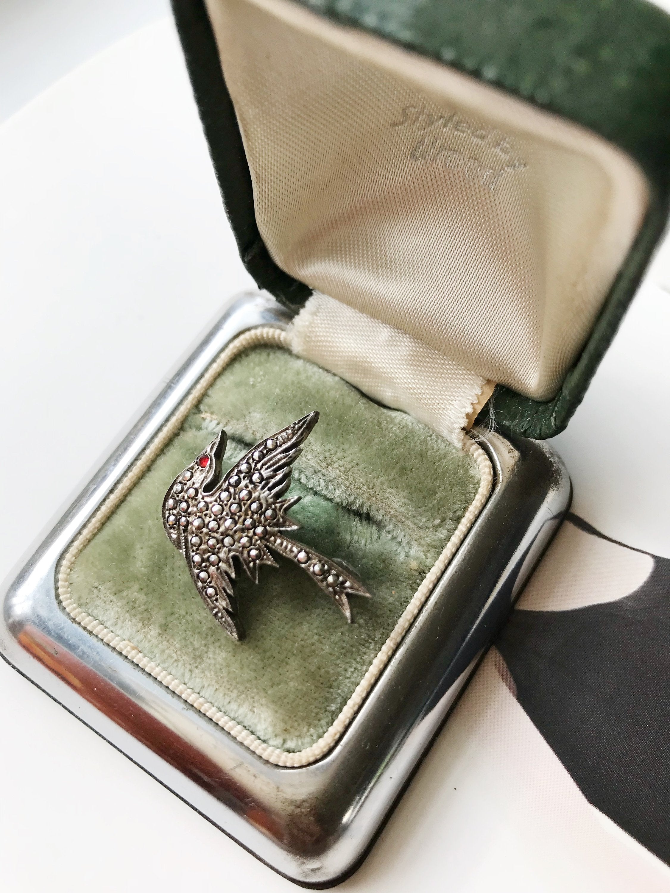 Flying Swallow Bird Pin with Marcasite and Red Eye – Stacey Fay Designs