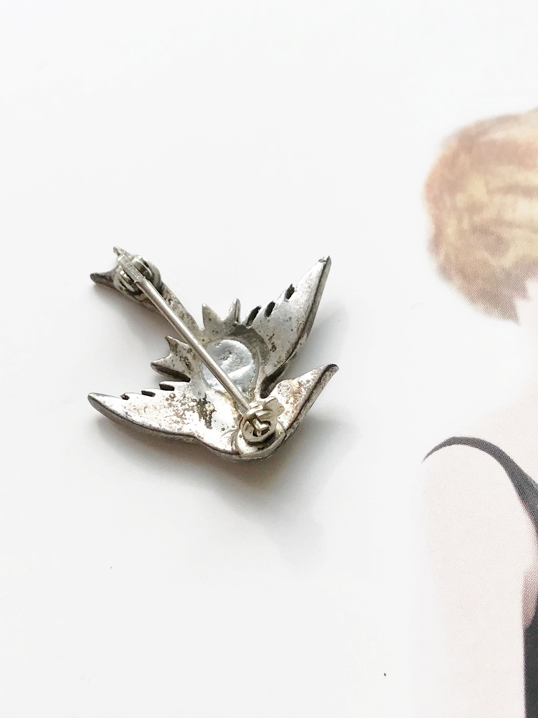 Flying Swallow Bird Pin with Marcasite and Red Eye – Stacey Fay Designs