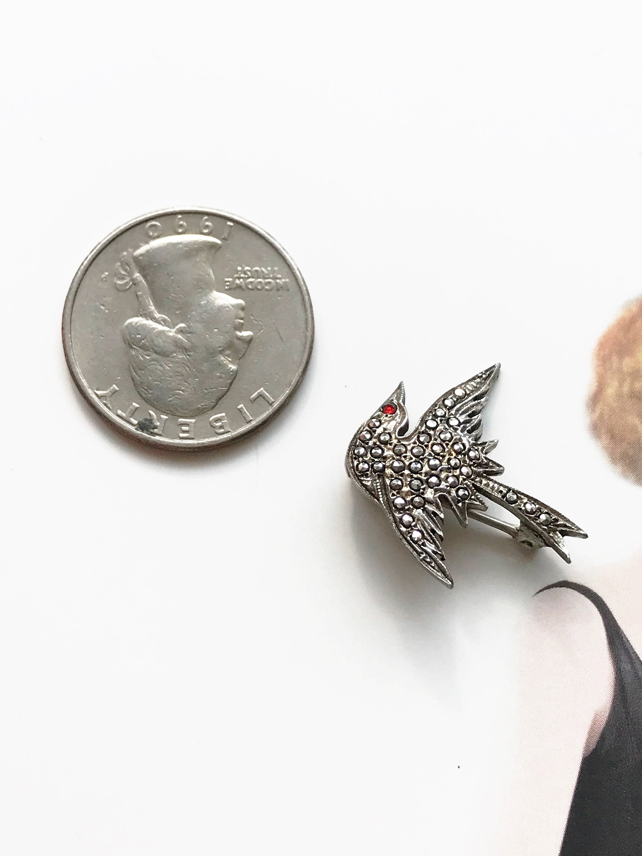 Flying Swallow Bird Pin with Marcasite and Red Eye – Stacey Fay Designs